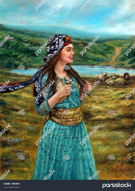 دختر عشایری زیبا با لباس سنتی کردی در دشت تابلو رنگ روغن نسیمی فرحبخش