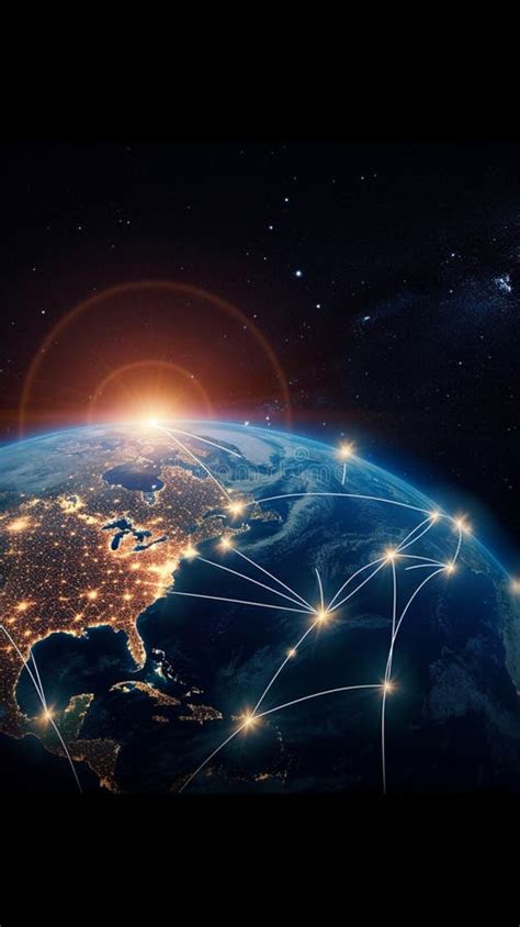 Global Connectivity Earth Viewed From Space With Illuminated City Connections Stock Illustration