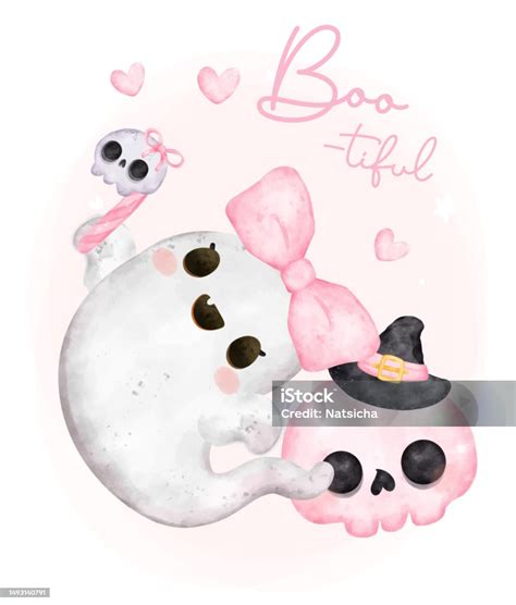 귀여운 행복한 미소 카와이 핑크 유령 Hallooween 엿보기 해골 만화 캐릭터 Bootiful 수채화 손으로 그린 벡터 수채화에 대한 스톡 벡터 아트 및 기타 이미지