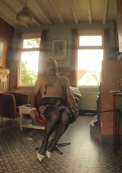 Gagged Sissy Teathered To The Desk