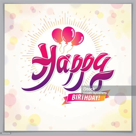 행복 한 생일 벡터 인사말 카드입니다 아름 다운 글자를 포함 하 고 구성 흐리게 원 추상 배경 위에 풍선 사각형 모양 형식 Cmyk 색상 인쇄에 적합 감정에 대한 스톡 벡터