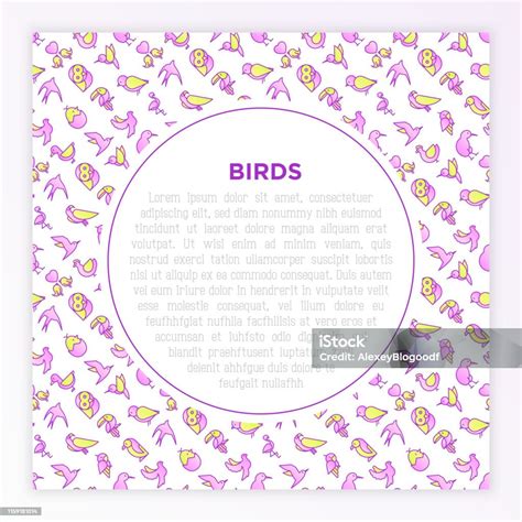 얇은 라인 아이콘 조류 개념 비둘기 올빼미 펭귄 참새 제비 키위 앵무새 독수리 허밍 새 핑크 플라밍고 현대 벡터 일러스트레이션