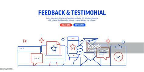 피드백 및 평가 관련 웹 배너 라인 스타일 웹 배너 웹 사이트 헤더 등에 대한 현대 선형 디자인 벡터 일러스트레이션 Brand Name Online Messaging