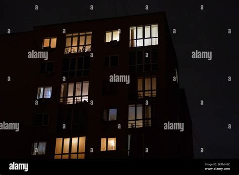 Illuminated Windows Of Night Multistory Apartment Building Lighted Night Windows Of House City