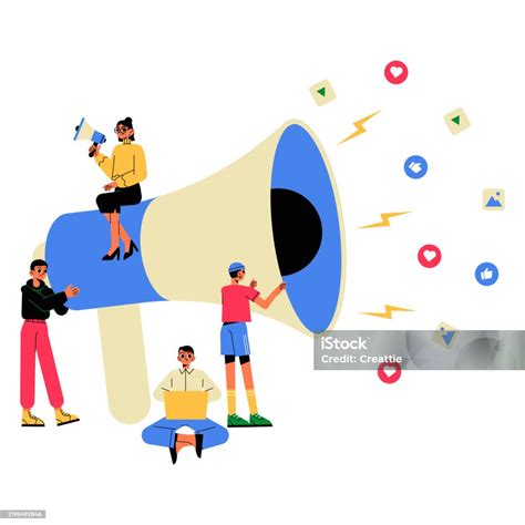 소셜 미디어 마케팅 프로모션 및 디지털 캠페인을 상징하는 평면 벡터 일러스트 레이 션에서 대형 메가폰을 중심으로 팀을 구성하고 흰색 배경에 고립되어 있습니다 개발에 대한