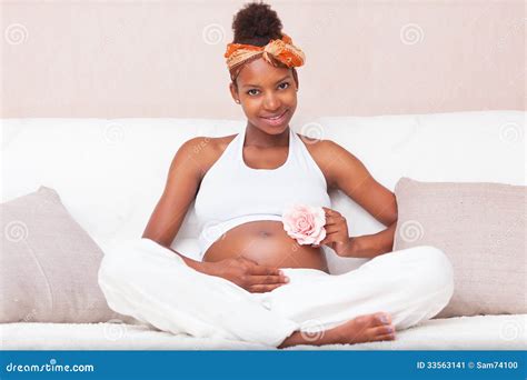 Young Pregnant Black Woman Touching Her Belly African People Stock