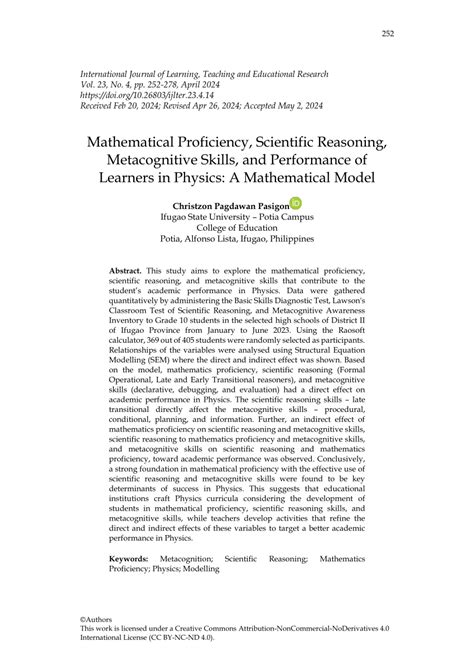 Pdf Mathematical Proficiency Scientific Reasoning Metacognitive Skills And Performance Of