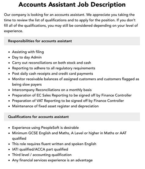 Accounts Assistant Job Description Velvet Jobs