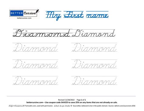 Personalized Gift For Diamond Cursive Writing Worksheet Practice Instant Pdf Delivery