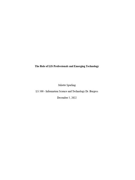 The Role Of Lis Professionals And Emerging Technology Pdf Information Science Libraries