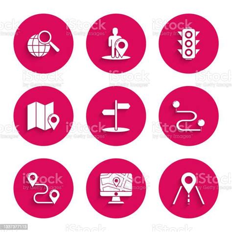 위치 경로 접힌 마커 신호등 및 돋보기 글로브 아이콘으로 도로 교통 표지판 모니터 및 접힌 지도를 설정합니다 벡터 0명에 대한 스톡 벡터 아트 및 기타 이미지 Istock