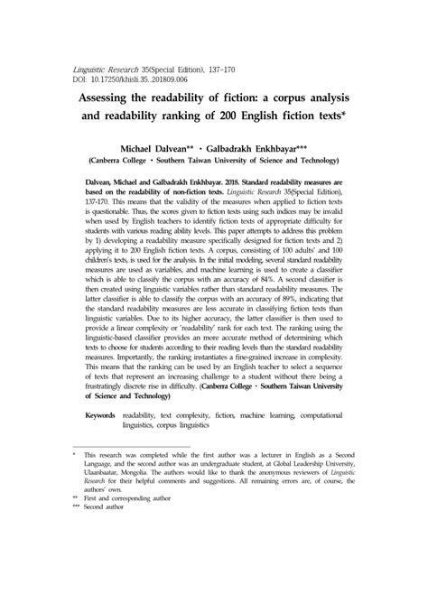 Pdf Assessing The Readability Of Fiction A Corpus Analysis And