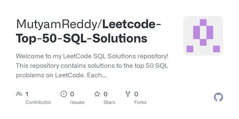 Github Mutyamreddyleetcode Top 50 Sql Solutions Welcome To My Leetcode Sql Solutions