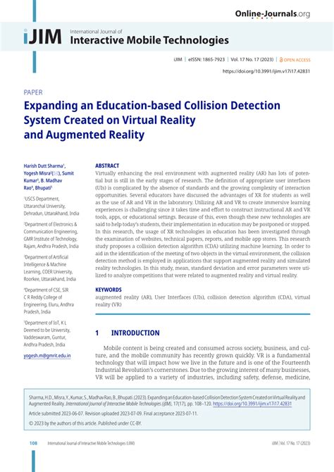 Pdf Expanding An Education Based Collision Detection System Created On Virtual Reality And