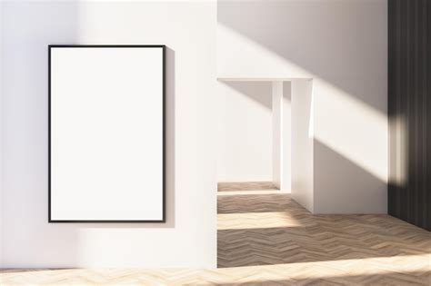 벽 3d 렌더링에 빈 모의 프레임이 있는 현대적인 밝은 목재 및 흰색 콘크리트 빈 내부 프리미엄 사진