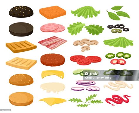 버거 재료 채소 롤빵 및 고기 패티 만화 패스트 푸드 버거 및 샌드위치 생성자 구운 고기 얇게 썬 채소 및 소스 평면 벡터 일러스트 세트 햄버거 재료 먹기에 대한 스톡 벡터