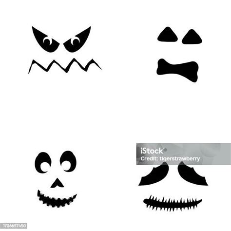 할로윈 괴물 캐릭터 실루엣 조각과 잘라낸 창조 할로윈은 감정 수집 모양 눈 코 입 치아 송곳니 감정 소름 끼치고 으스스한 얼굴에 직면합니다 벡터 가공의 인물에 대한 스톡