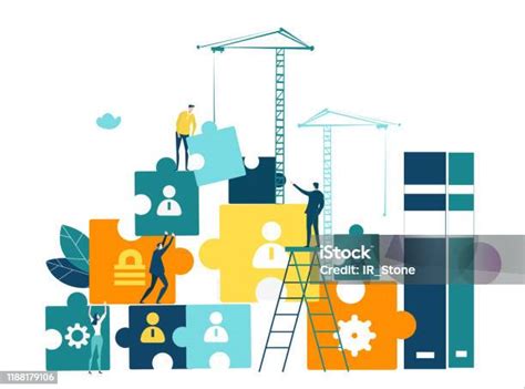 많은 작은 비즈니스 사람들이 퍼즐 조각 자문 및 지원 문제를 해결하고 새로운 아이디어 개념을 생성하기 위해 함께 일합니다 크레인에 대한 스톡 벡터 아트 및 기타 이미지