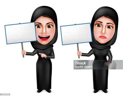 흰색 빈 플래카드 기호를 들고 여성 무슬림 아랍 벡터 문자 이슬람교에 대한 스톡 벡터 아트 및 기타 이미지 이슬람교 3차원 형태 검은색 Istock