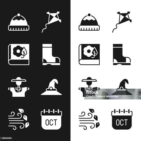 방수 고무 부츠 허바륨 겨울 모자 연 허수아비 마녀 10 월 달력 가을과 바람이 부는 날씨 아이콘을 설정합니다 벡터 10월에 대한 스톡 벡터 아트 및 기타 이미지 Istock