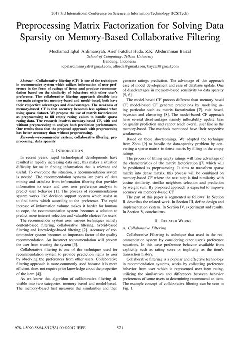 Pdf Preprocessing Matrix Factorization For Solving Data Sparsity On Memory Based Collaborative