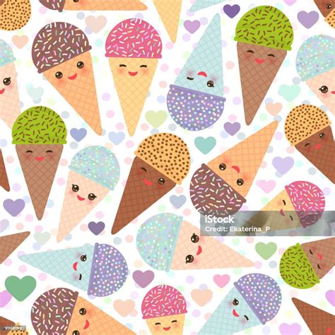원활한 패턴 귀여운 재미 있는 아이스크림 와플 콘 윙크 눈 흰색 바탕에 파스텔 색상 분홍색 뺨과 총구 벡터 일러스트 레이 션 개념에 대한 스톡 벡터 아트 및 기타 이미지
