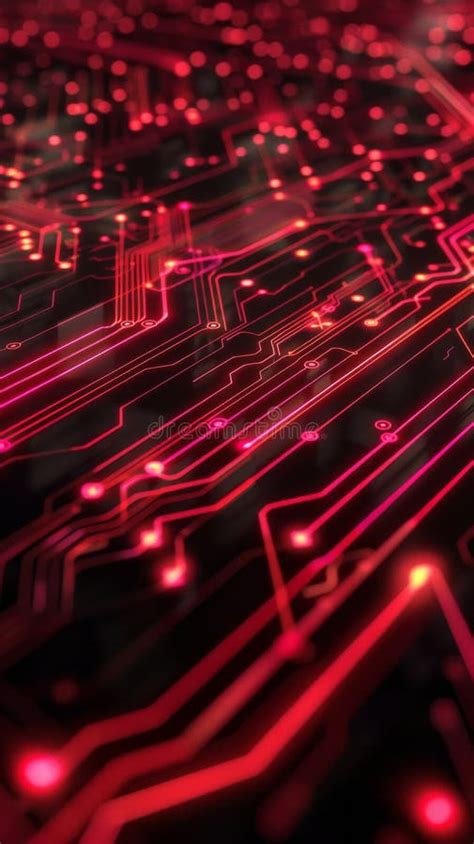 Abstract Close Up Of Illuminated Red Circuit Board With Glowing Connections Futuristic