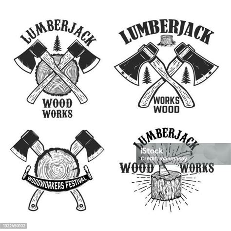 나무 그루터기 배경에 교차 목재 잭 도끼의 세트 럼버잭 나무 작품 레이블 기호 포스터용 디자인 요소입니다 벡터 일러스트레이션 목재 공업에 대한 스톡 벡터 아트 및 기타