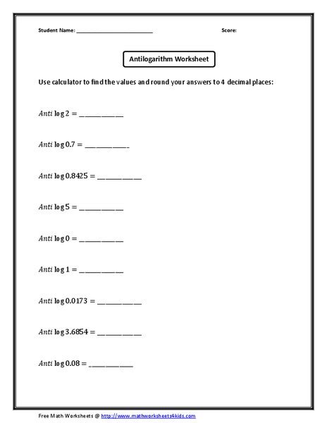 Antilogarithm Worksheet Worksheet For 9th 12th Grade Lesson Planet