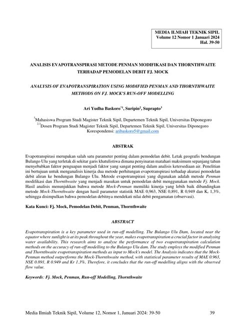 Pdf Analisis Evapotranspirasi Metode Penman Modifikasi Dan Thornthwaite Terhadap Pemodelan