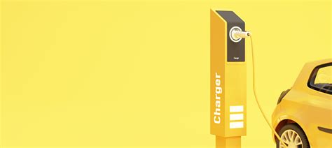 전기 자동차는 충전기를 통해 연료를 보급하고 화면에 표시됩니다 충전 상태를 나타냅니다 노란색 배경에서 3d 렌더링 3차원 형태에