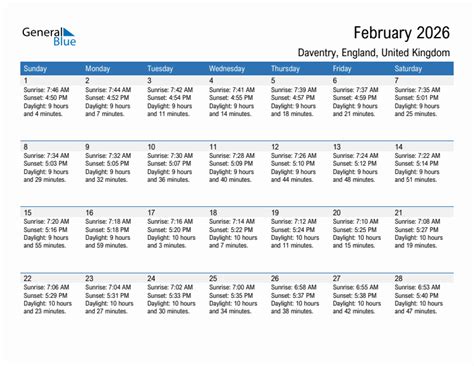 February 2026 Sunrise And Sunset Calendar For Daventry United Kingdom