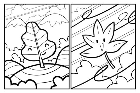 귀여운 나뭇잎 만화 캐릭터 색칠 공부 페이지 프리미엄 벡터