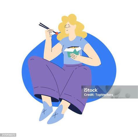 여자 성격 먹다 와 중국 국수 와 젓가락 로 패스트 푸드 벡터 일러스트 개념에 대한 스톡 벡터 아트 및 기타 이미지 개념 건강한 식생활 국수 Istock