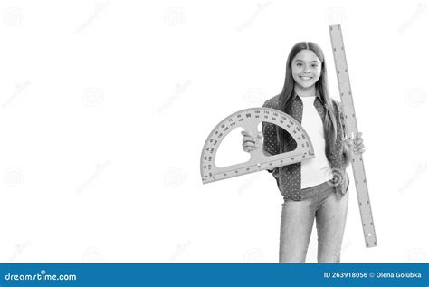 Cheerful Teen Girl Hold Protractor Ruler Back To Babe Stock Photo Image Of College Study