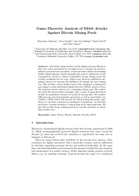Pdf Game Theoretic Analysis Of Ddos Attacks Against Bitcoin Mining Pools