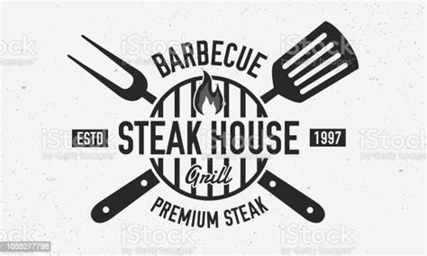 스테이크 하우스 바베 큐 레스토랑 엠 블 럼 포스터입니다 바베 큐 바베 큐와 유행 그릴 주걱 하 고 포크를 그릴 벡터 상징 템플릿입니다 고기에 대한 스톡 벡터 아트 및 기타