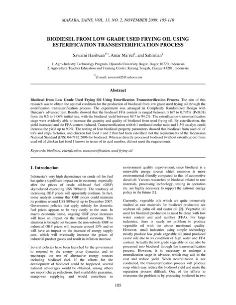 Pdf Biodiesel From Low Grade Used Frying Oil Using Esterification