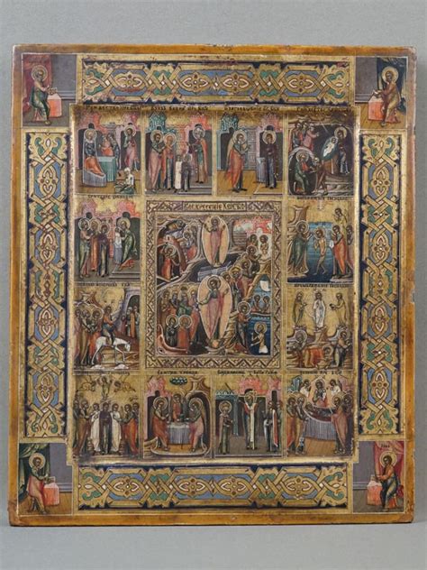 Икона «Праздники с четырьмя Евангелистами дерево левкас темпера золочение Xix век 31 2 ×