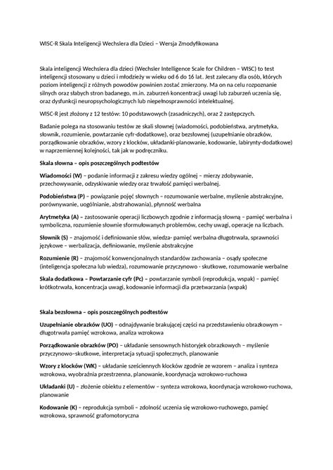 Wisc R Test Dla Dzieci I Młodzieży Opis Notatki Psychologia Docsity