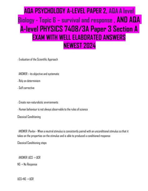 AQA PSYCHOLOGY A LEVEL PAPER AQA A Level Biology Topic Survival And Response AND AQA A