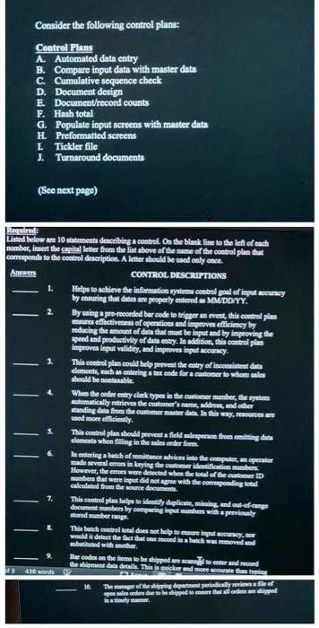 Solved Consider The Following Control Plans Control Plans A