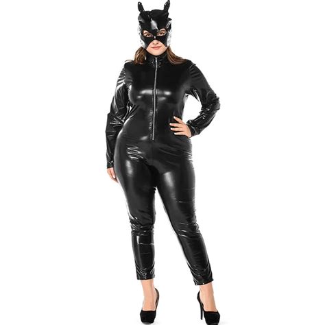 Plus Size Women Black Faux Leather Catsuit Latex Bodysuit Stretchable