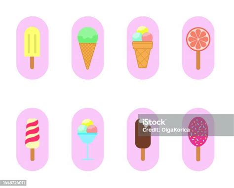 아이스크림 아이콘 세트 냉동 아이스크림 디저트의 다른 종류 아이스크림 롤리 아이시클 와플 컵 셔벗 시럽을 곁들인 아이스크림 공 유약 요구르트 디저트 개체 그룹에 대한 스톡