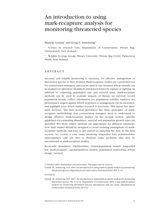 Pdf An Introduction To Mark Recapture Analysis For Monitoring Threatened Species