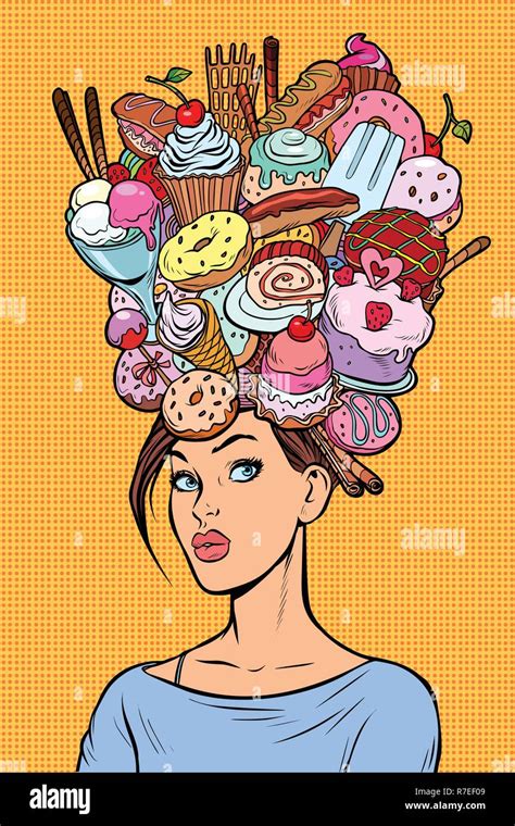 Hungry Woman Thoughts Concept Sweets Baking Birthday Pop Art Retro Vector Illustration Kitsch