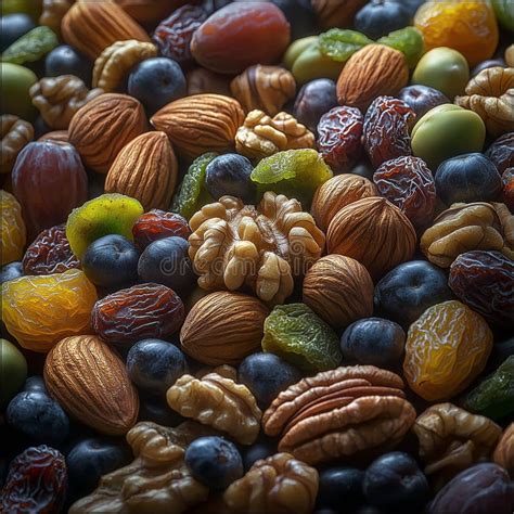 Close Up Of Assorted Nuts And Dried Fruits With Vibrant Textures Stock Illustration