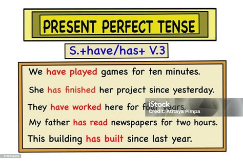 Present Perfect Tense와 예문에 대한 텍스트가 있는 보드의 손으로 그린 그림 교육용 일러스트레이션 개념 영어 문법 교육 시제와 언어의 구조 교육 개념에 대한
