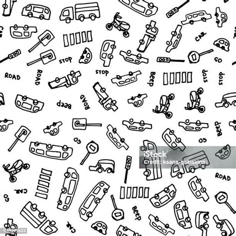 자동차 도로 표지판 및 단어와 아이 패턴 낙서 스타일의 벡터 흑백 원활한 배경입니다 0명에 대한 스톡 벡터 아트 및 기타 이미지 0명 가능성 검은색 Istock