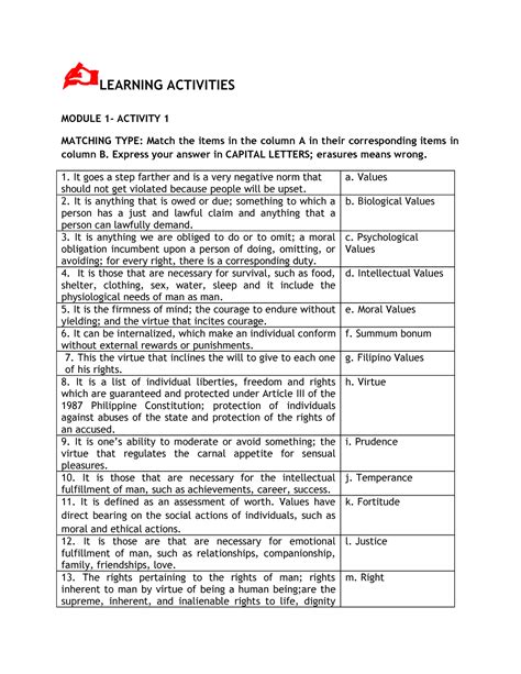 Learning Activity No 1 Learning Activities Module 1 Activity 1 Matching Type Match The
